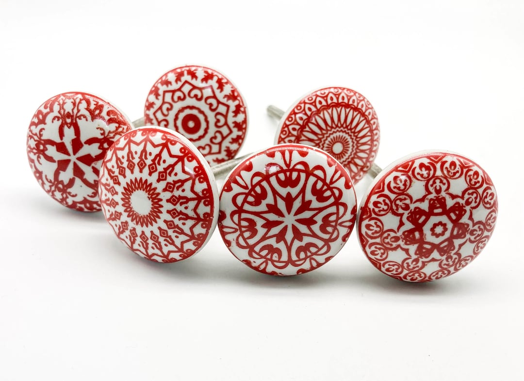 RED WHITE Mosaic Ceramic Knobs Vintage Wardrobe Handle Drawer Knob ...