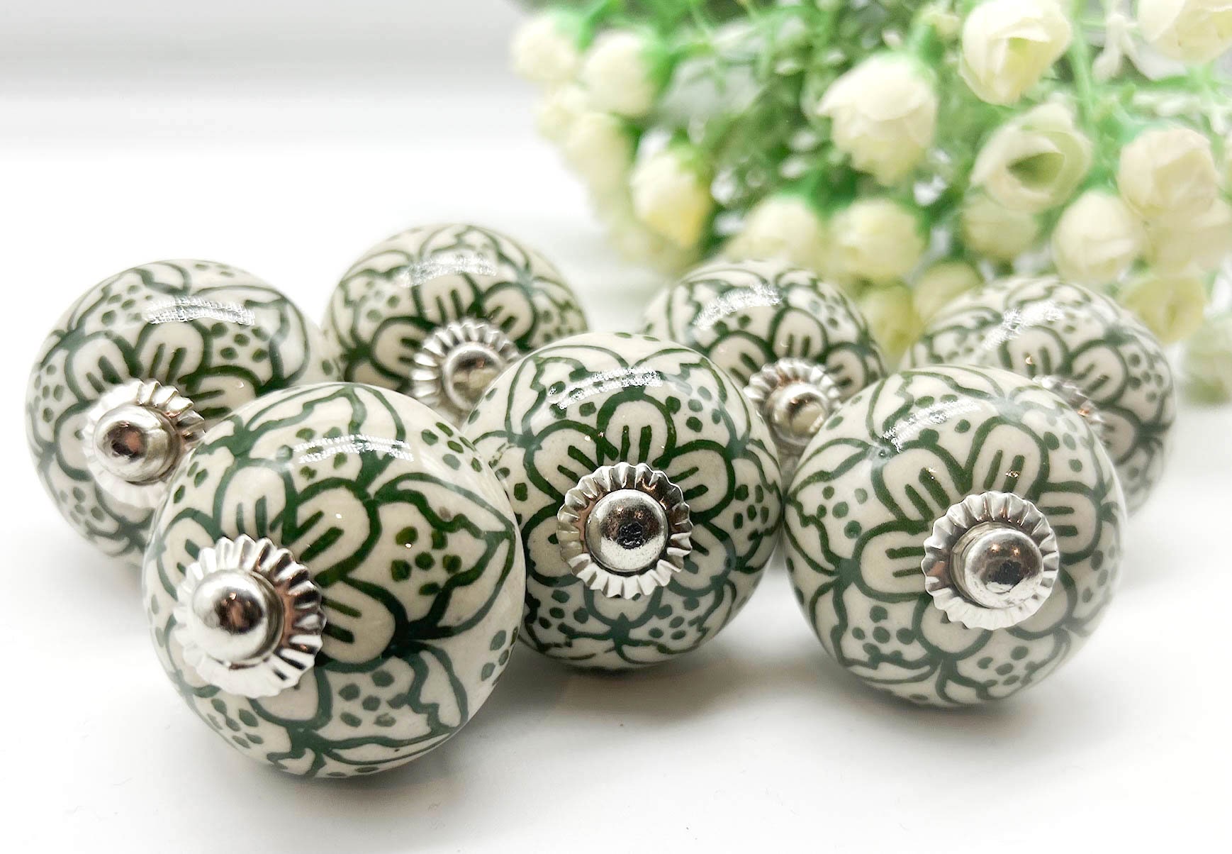 GREEN WHITE Ceramic Knobs, Hand Painted Knobs, Vintage Knobs, Wardrobe Drawer, Cabinet Pulls ...
