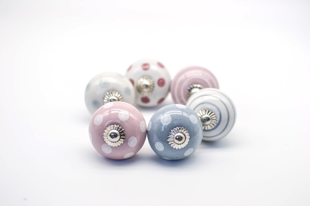 PINK GREY POLKA Stripe Ceramic Handcrafted Knobs Vintage Chic Cabinet Wardrobe Drawer Handles ...