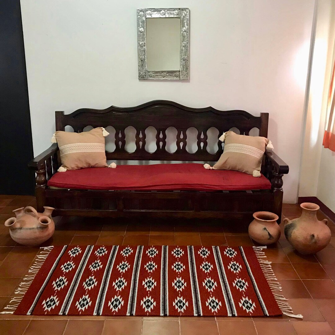 Geometric Mexican Rug in Rust & Blue - Etsy