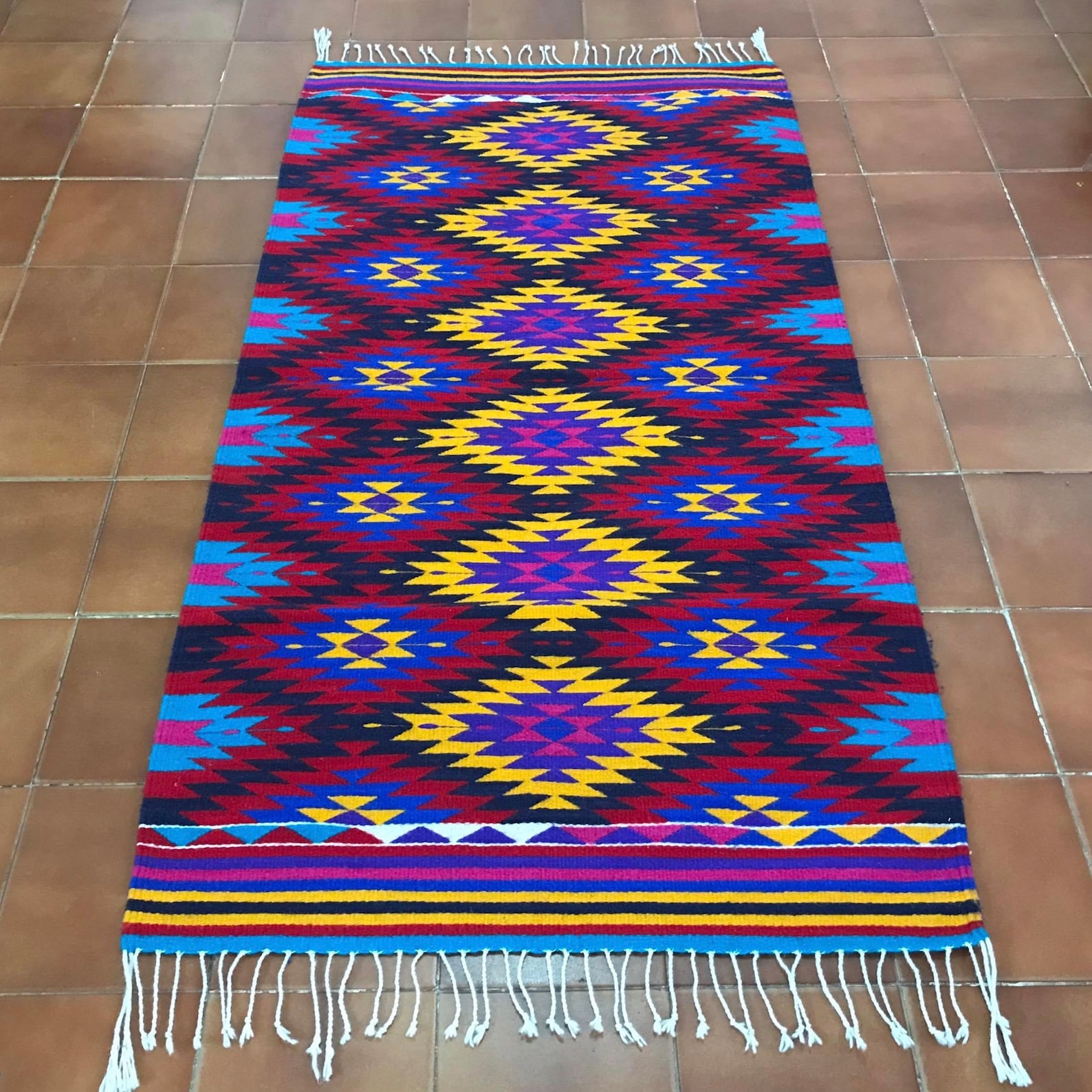 Geometric Mexican Rug in Purple & Yellow - Etsy