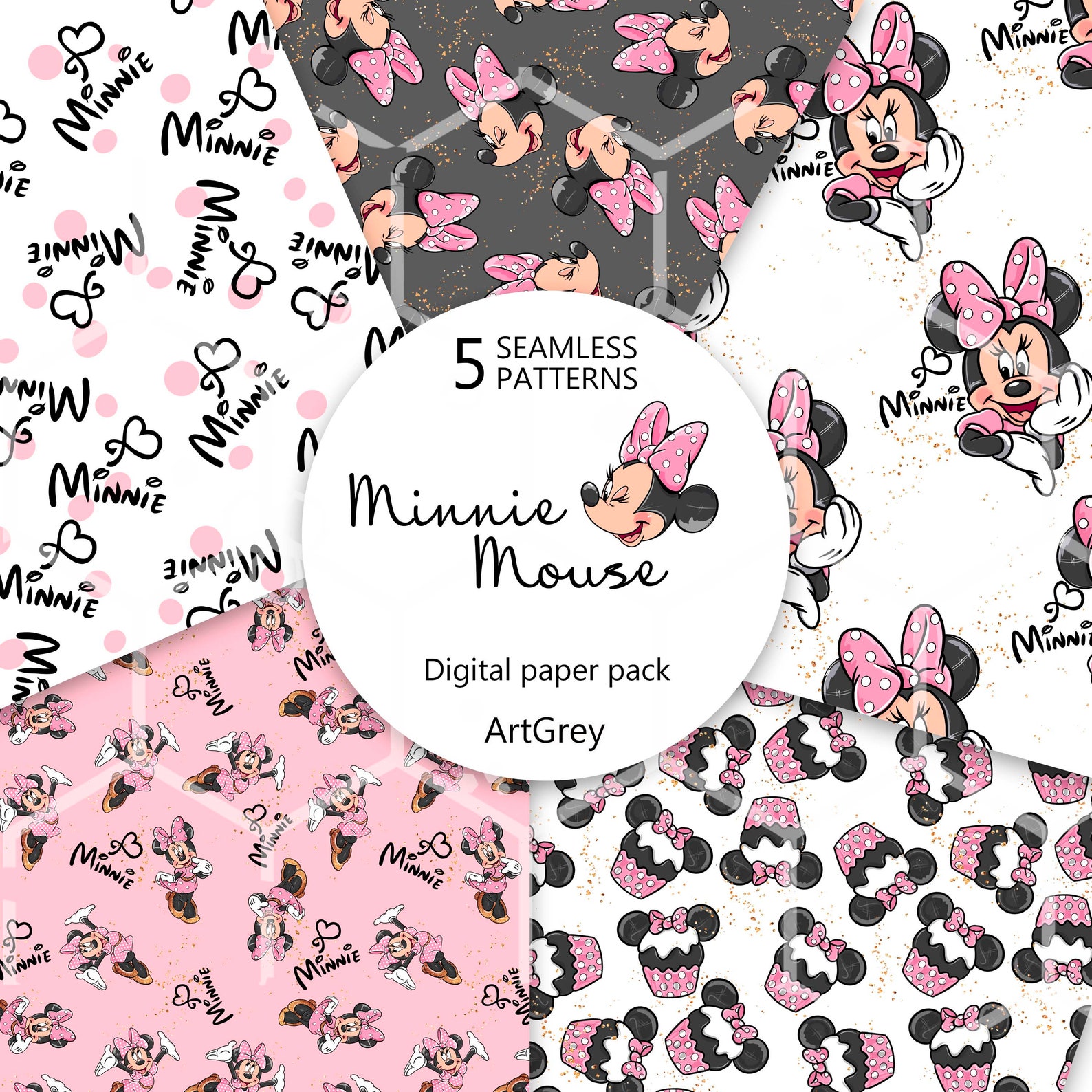 Minnie Mouse Seamless Pattern Hand-drawn files Pink Grey | Etsy