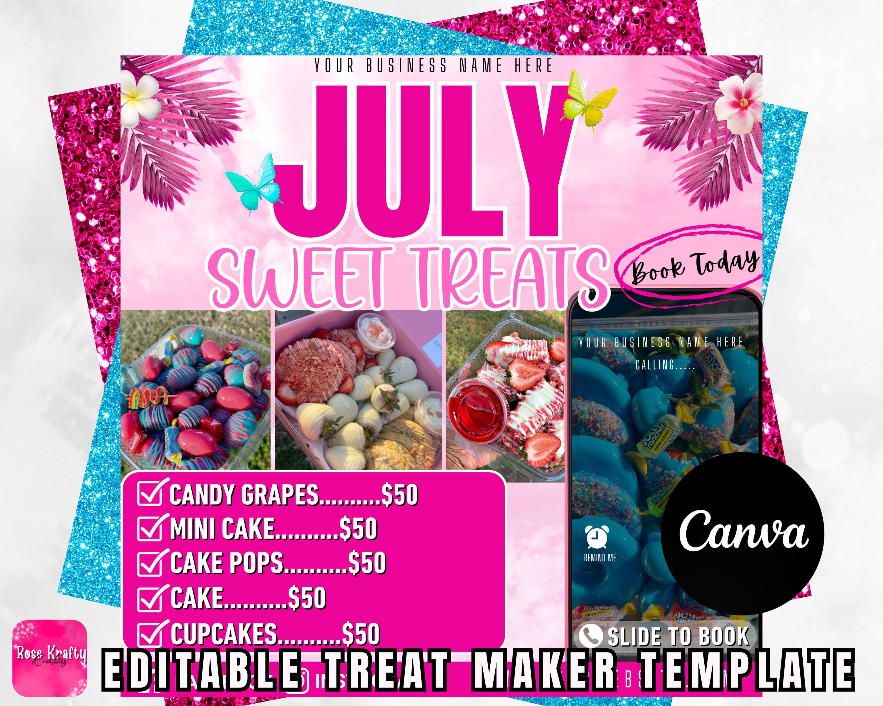 Editable July Sweet Treats Flyer Template: Pink Dessert Menu (canva ...