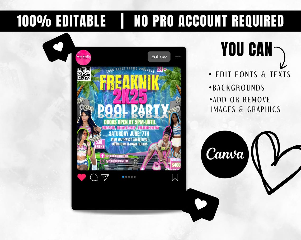 Freaknik 2K25 Pool Party Flyer Template: Editable Canva Invitation ...