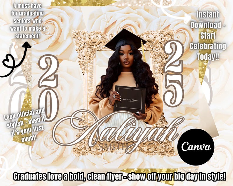 Editable 2025 Graduation Flyer Template - Cream Rose Gold Theme ...