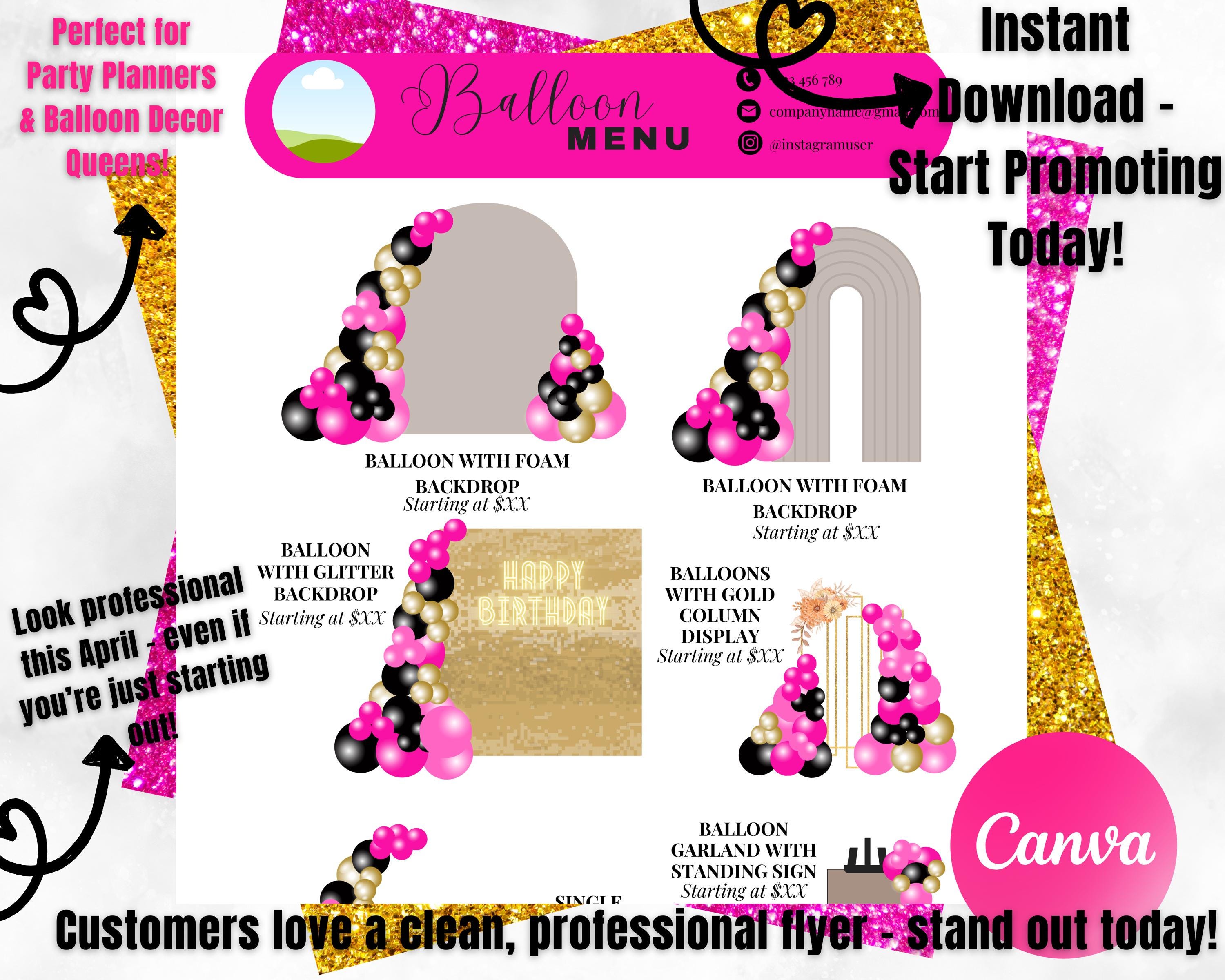 Balloon Decor Booking Flyer Template: Pink & Gold Canva Design - Etsy