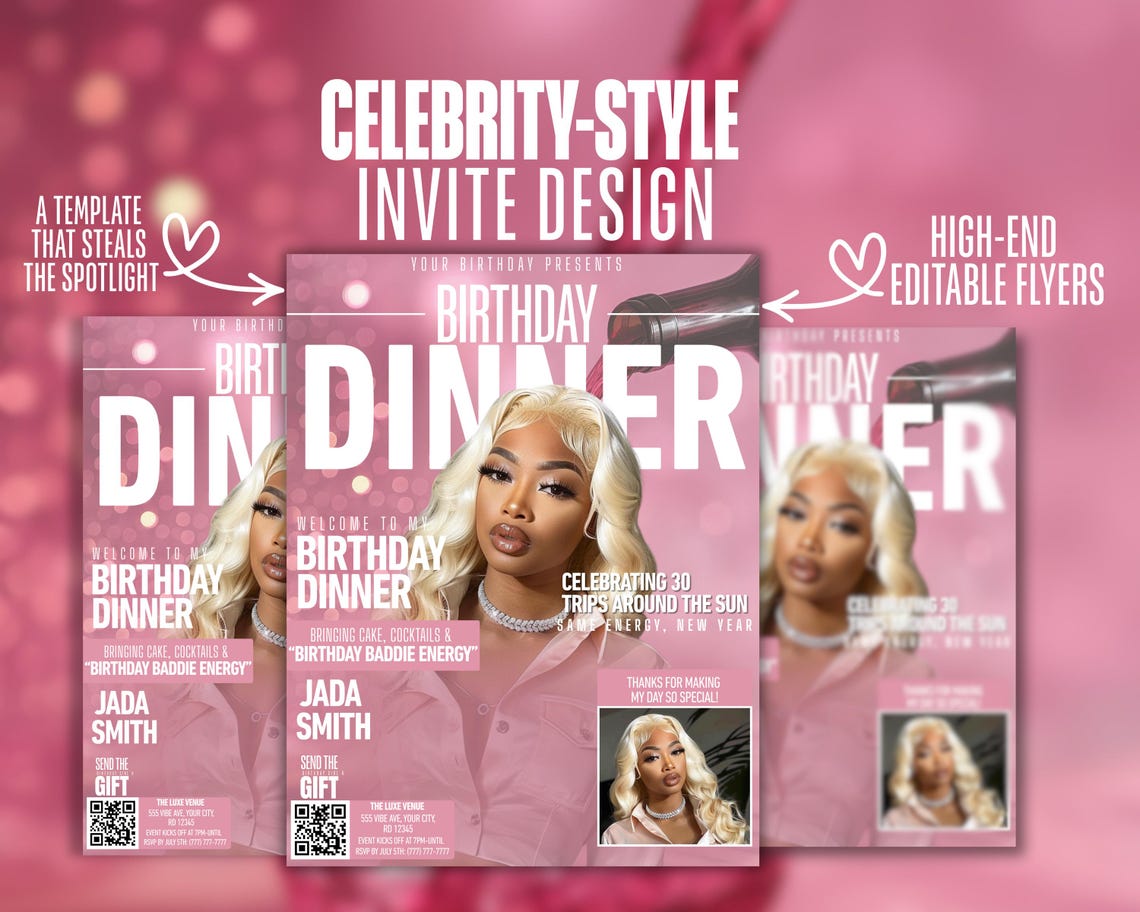 Editable Birthday Dinner Flyer Template - Pink Magazine-style Invite ...