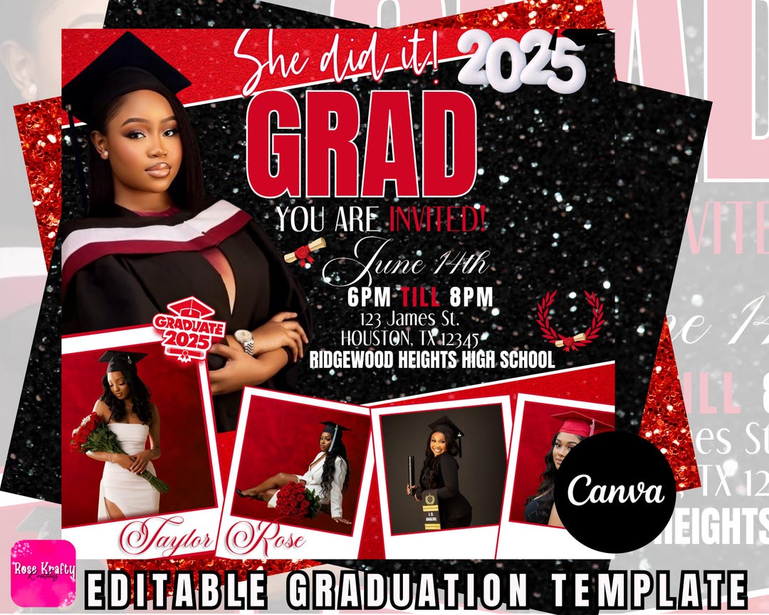 Red & Black Graduation Invitation: Glitter Grad Party Flyer (digital ...