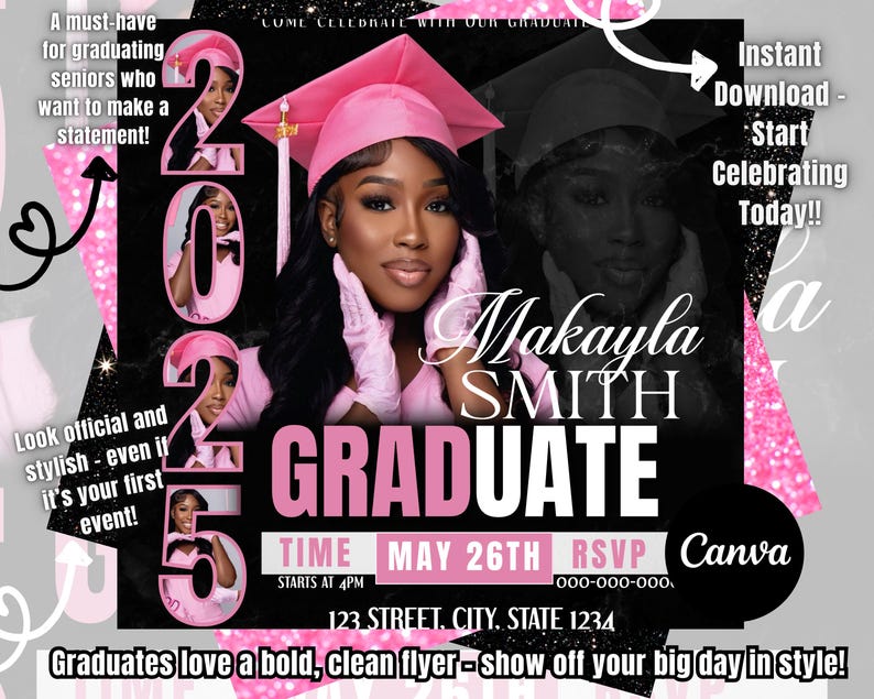 Editable Pink Graduation Flyer Canva Template | Class of 2025 Digital ...