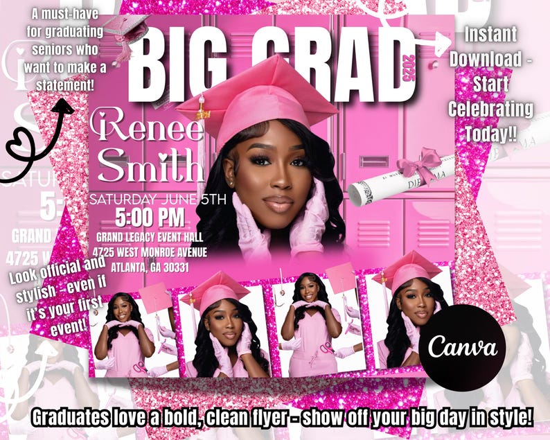Pink Glam Graduation Flyer Template | Class of 2025 (canva, Instant ...