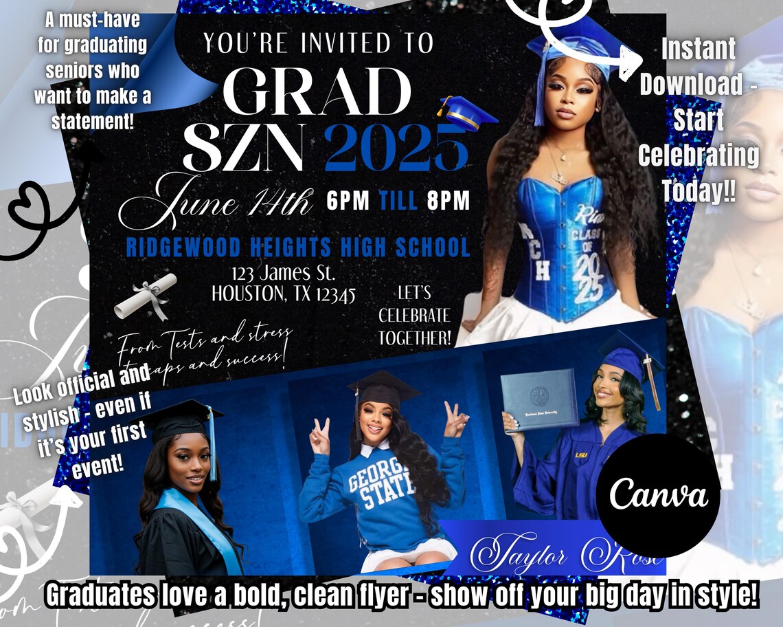 Blue Grad SZN 2025 Graduation Flyer Canva Template | Editable Grad ...