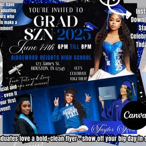 Blue Grad SZN 2025 Graduation Flyer Canva Template | Editable Grad ...