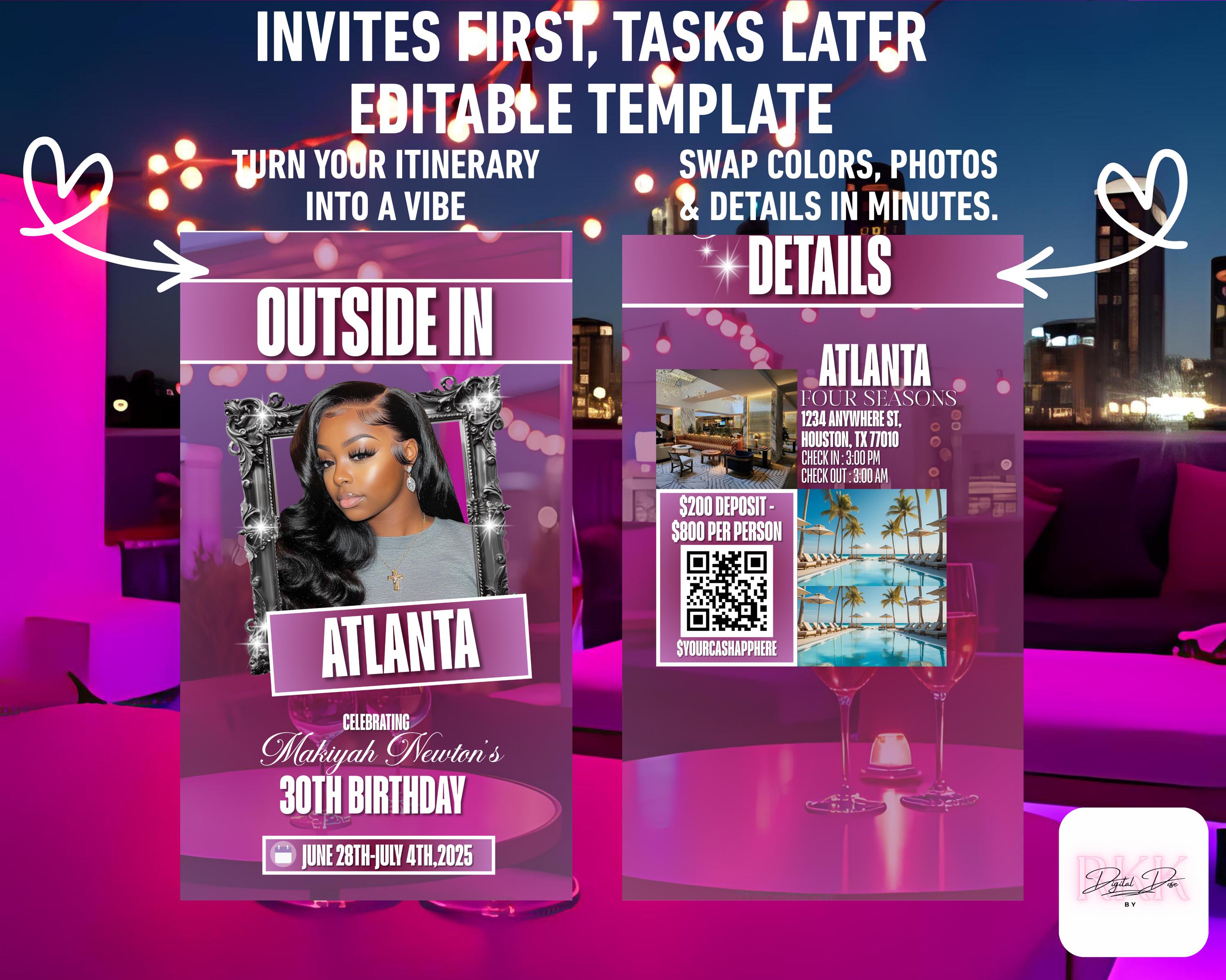 Outside in Atlanta Itinerary Template, Girls Trip Birthday Invite ...