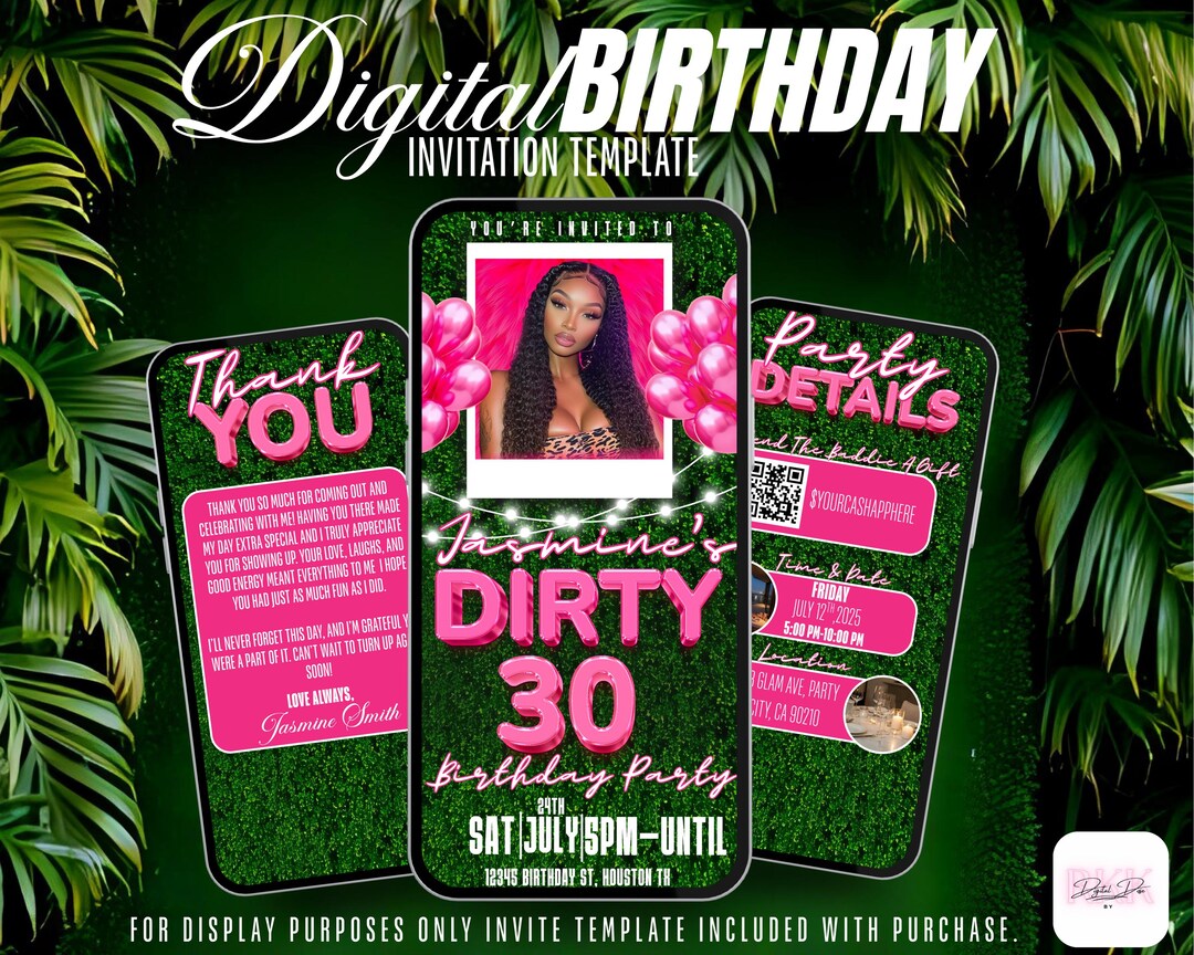 Dirty 30 Birthday Invitation Template: Pink & Greenery, Editable Canva ...
