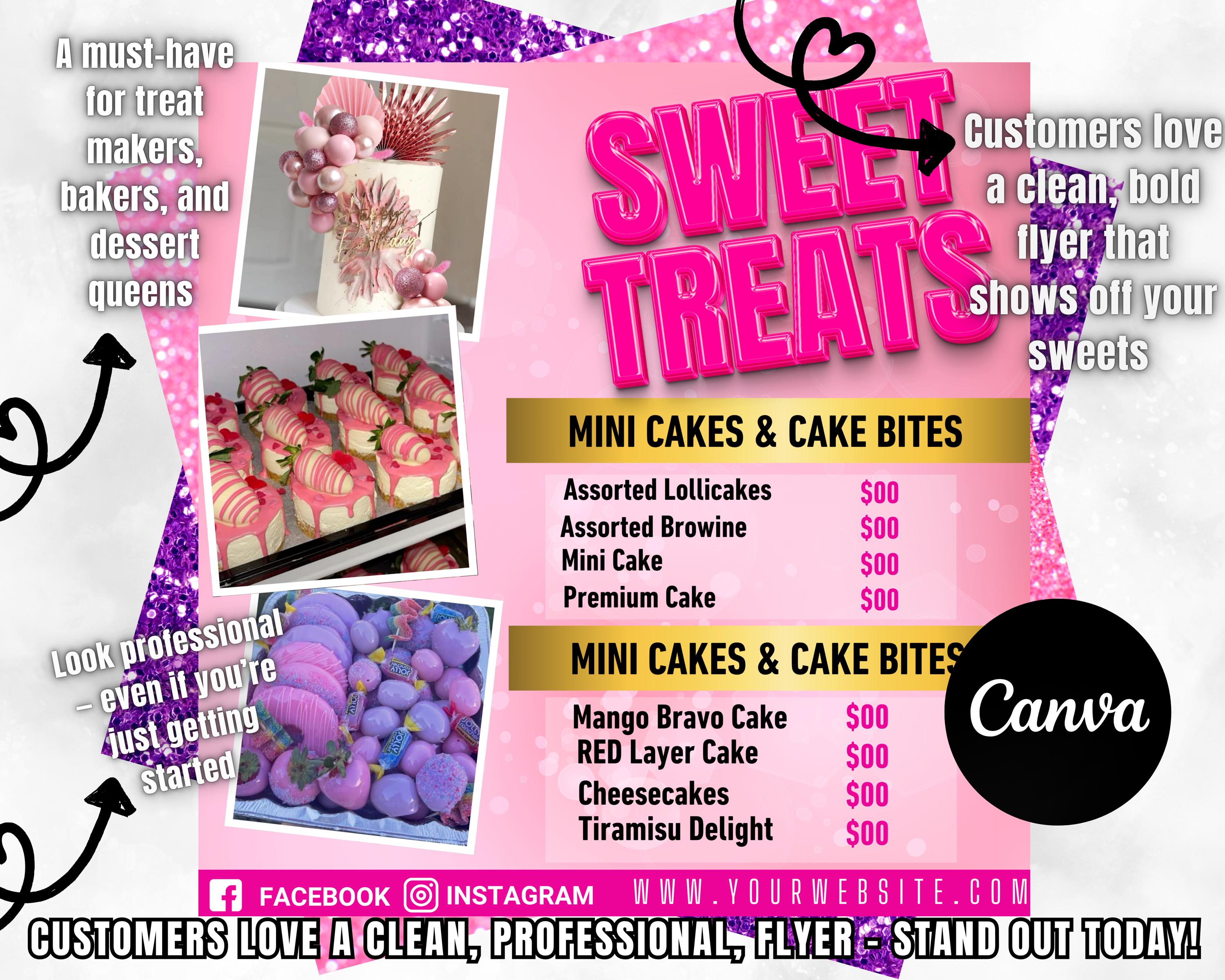 Sweet Treats Editable Canva Flyer Template | Bakery Menu | Mini Cakes ...