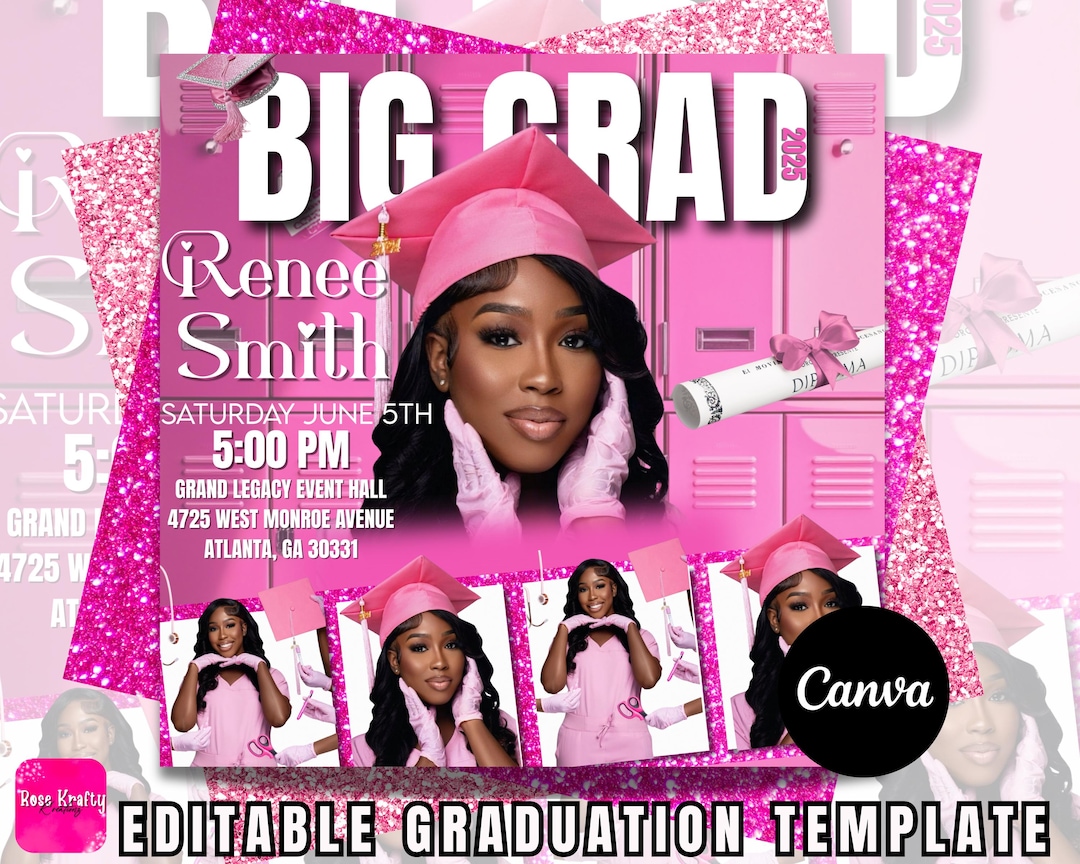 Pink Glam Graduation Flyer Template | Class of 2025 (canva, Instant ...