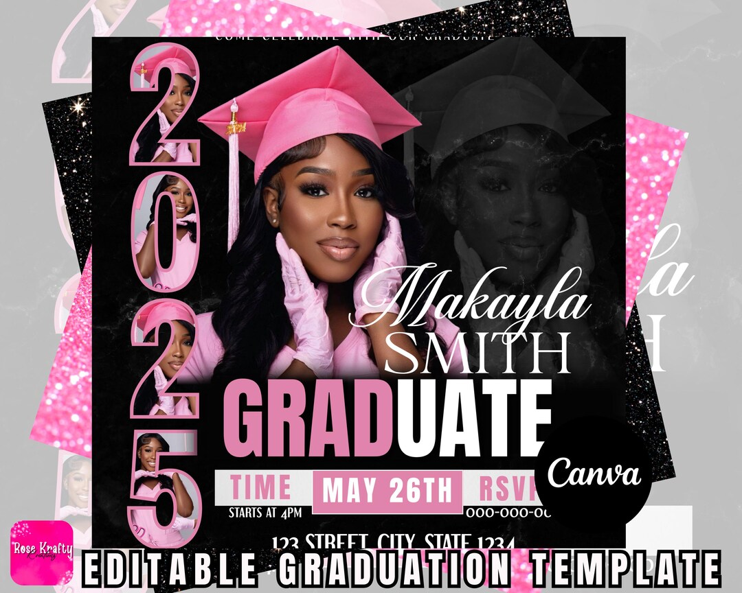 Pink Graduation Party Flyer | Class of 2025 Canva Template (digital ...