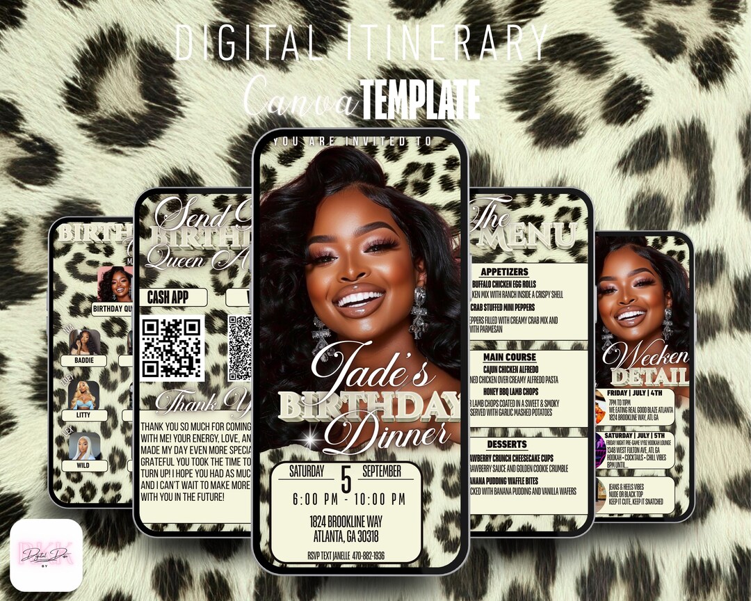 Cheetah Print Birthday Itinerary Template Editable Dinner Party Invite ...