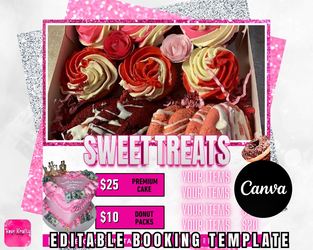 Editable Sweet Treats Menu Flyer: Pink Glam Canva Template (digital ...