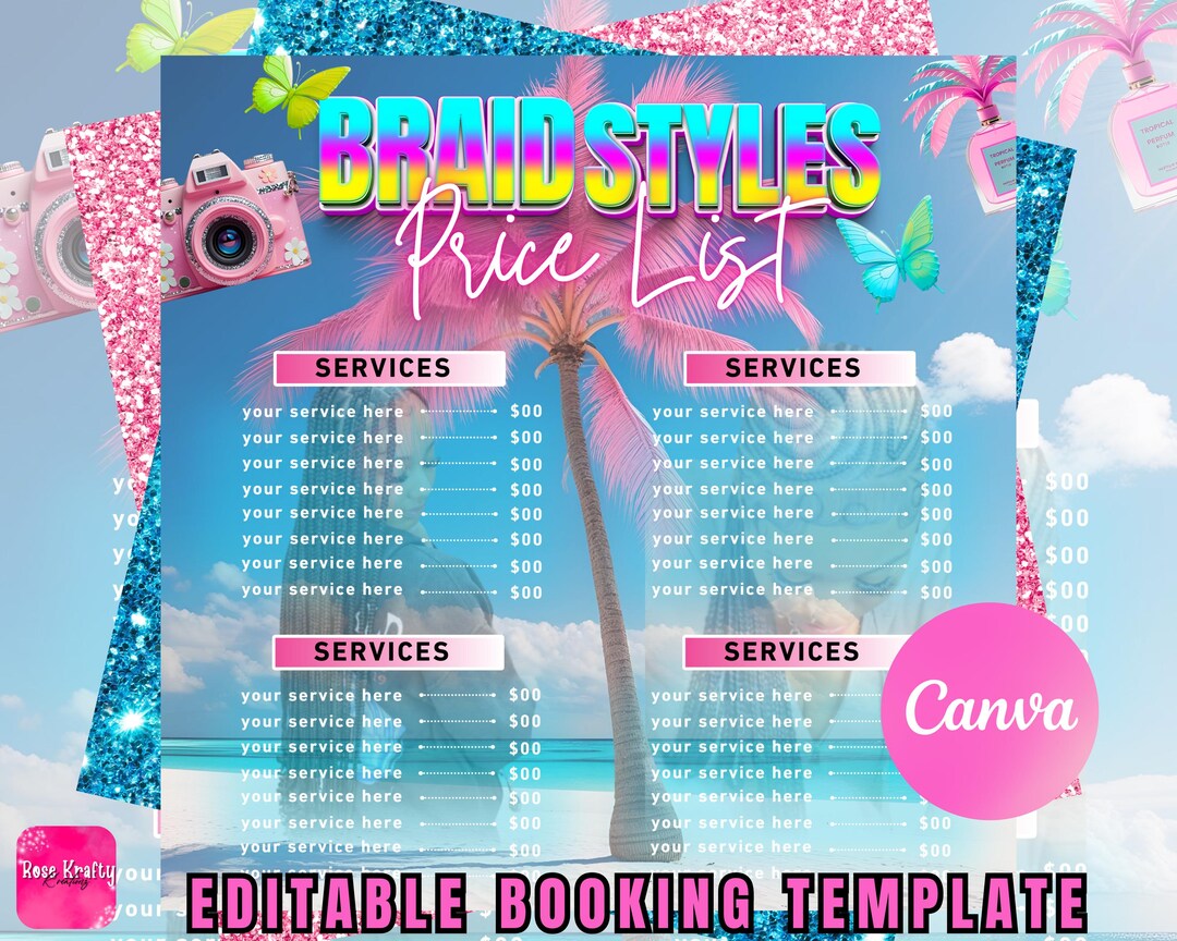 Braid Styles Price List Flyer: Pink & Blue Salon Template (canva ...