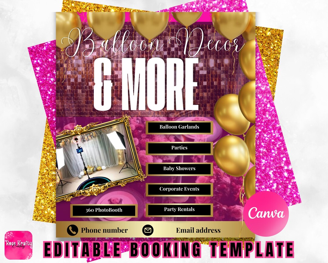 Balloon Decor Booking Flyer Template: Pink & Gold Canva Design - Etsy