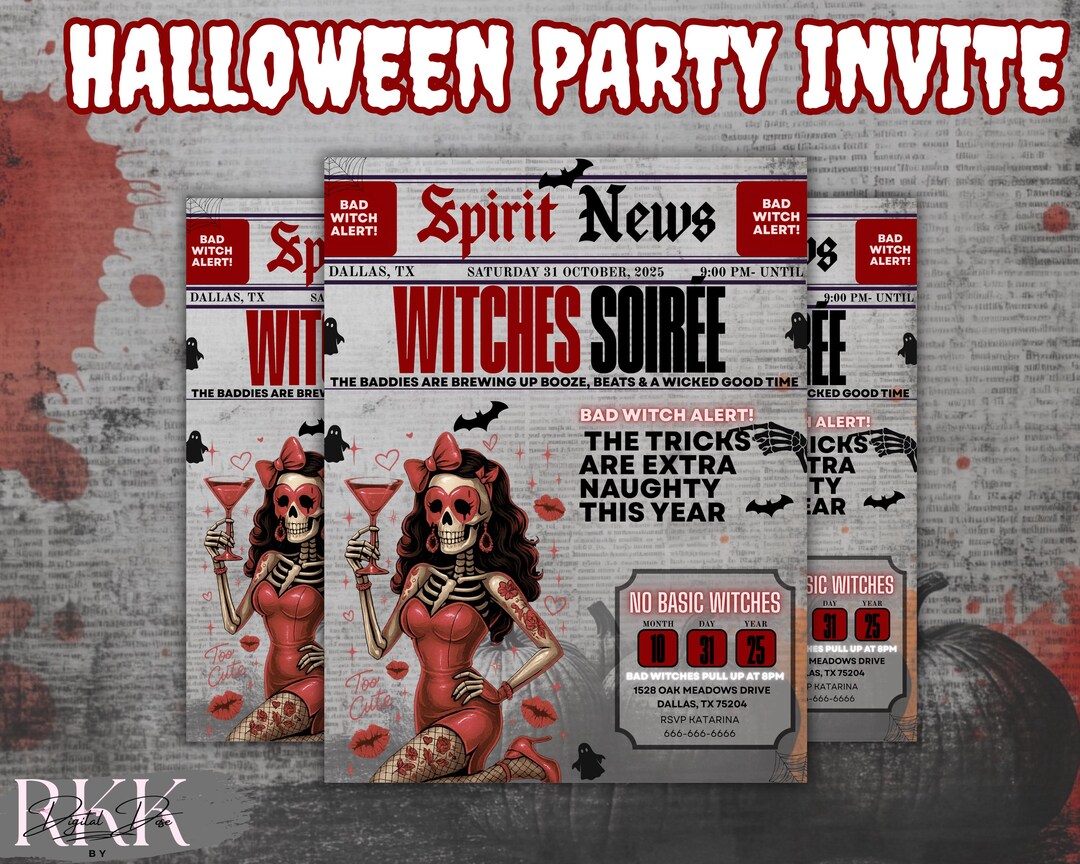 Witches Soirée Halloween Invitation, Girly Editable Canva Flyer ...