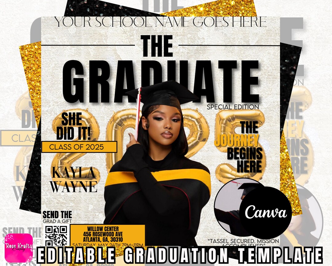 Gold Glam Graduation Flyer: Class of 2025 Canva Template (PDF Download ...