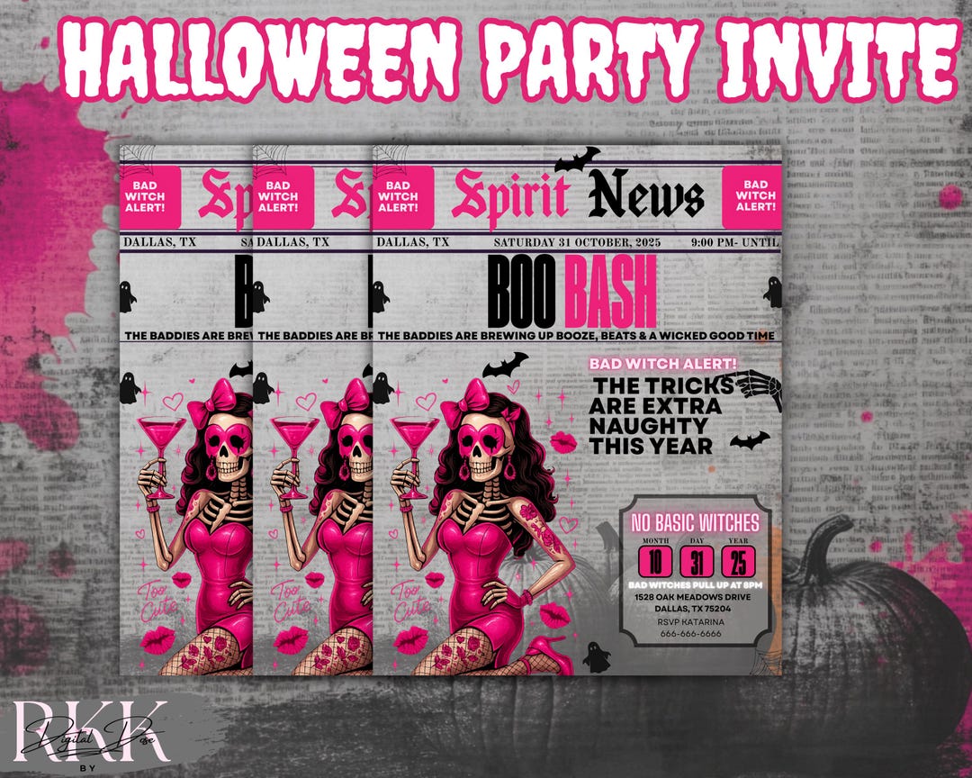 Boo Bash Halloween Invitation, Pink Newspaper Theme, Digital Download ...