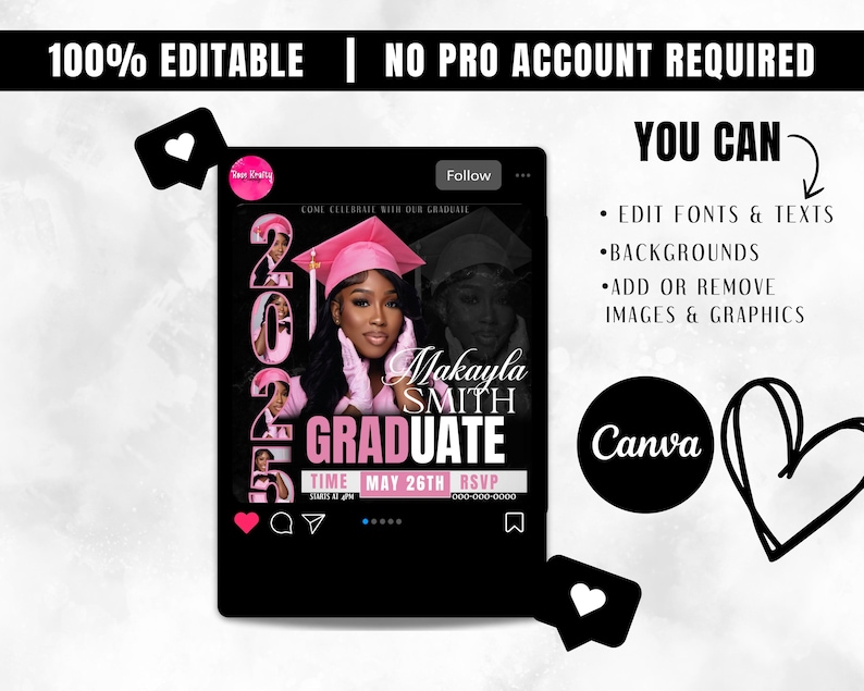 Editable Pink Graduation Flyer Canva Template | Class of 2025 Digital ...