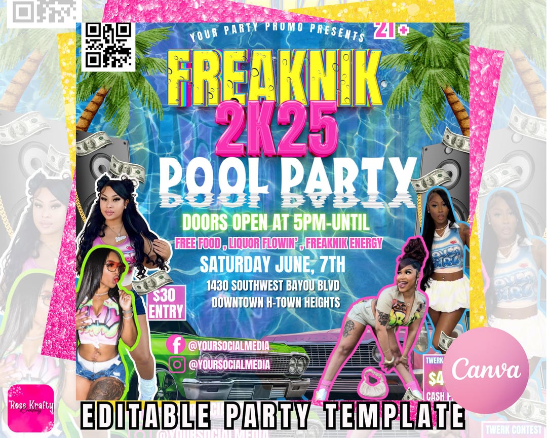 Freaknik 2K25 Pool Party Flyer Template: Editable Canva Invitation ...