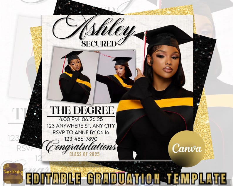 Editable Graduation Announcement Flyer: Black, White, and Gold Canva ...