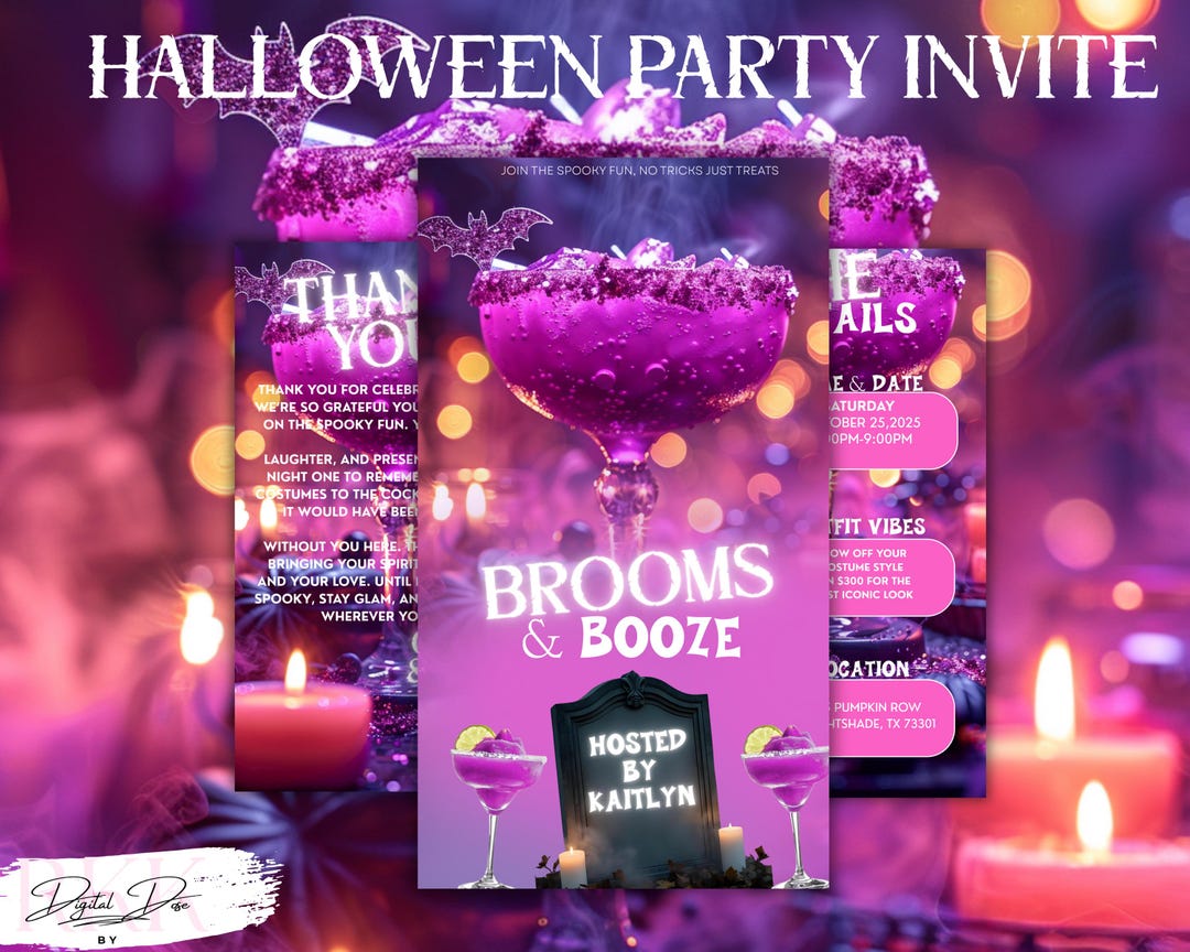 Brooms & Booze Halloween Invitation, Editable Canva Template, Spooky ...