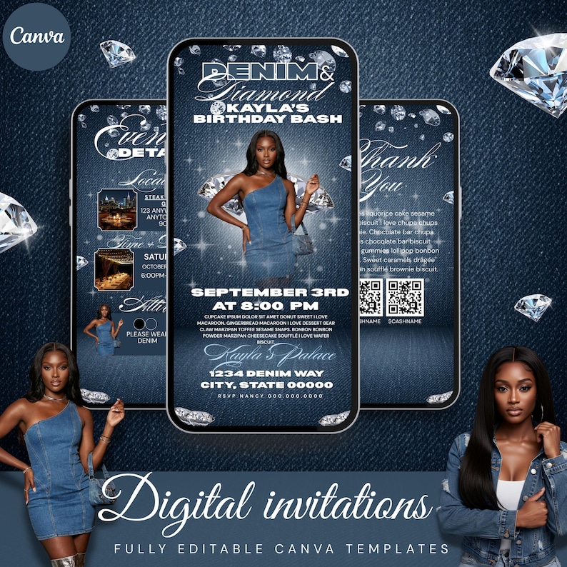 Birthday Invitation: Denim and Diamonds Theme - Editable Canva Template ...