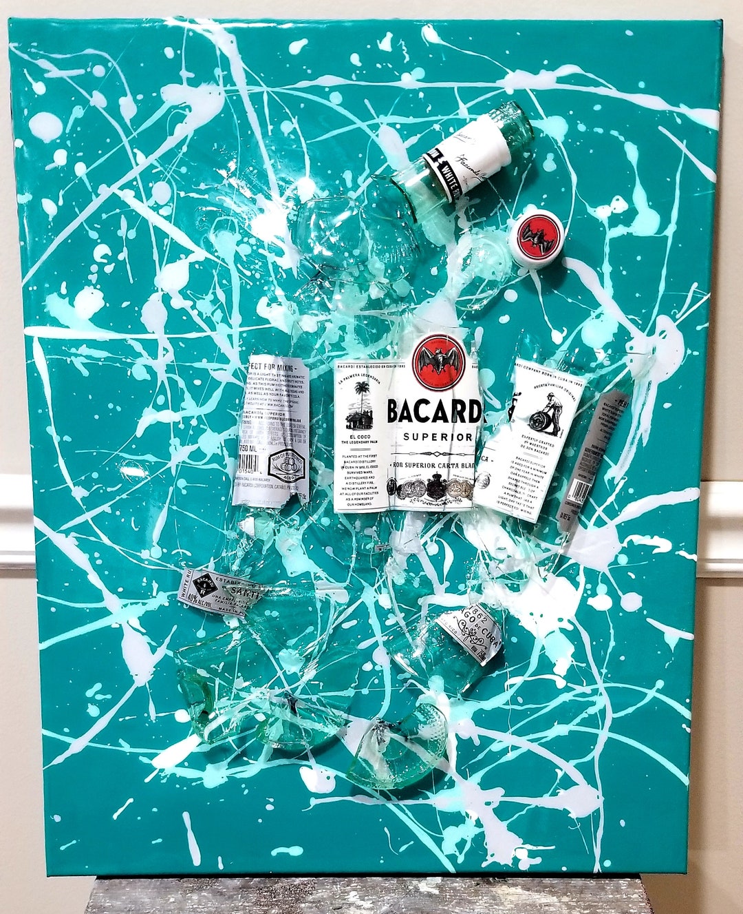 Broken Bacardi Rum Bottle on Splatter Painted Canvas - Etsy