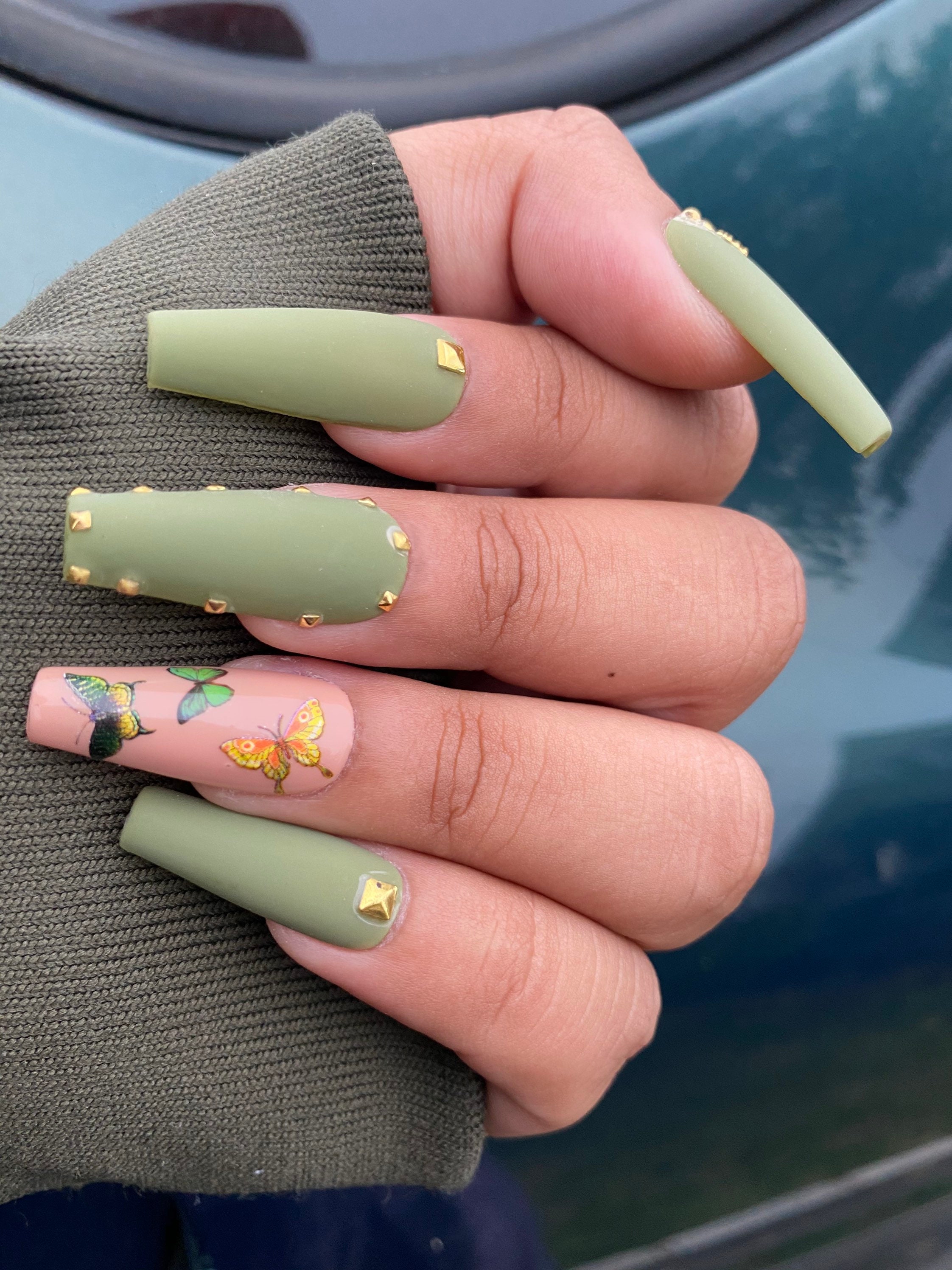 Commander| Coffin Nails|press on Nails| Green Nails|nude Nails| Fall ...