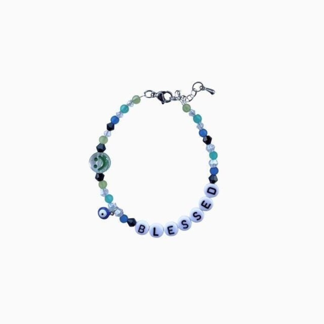 BLESSED Letter Multi-colour Beaded Greek Blue Evil Eye, Smiley Face ...