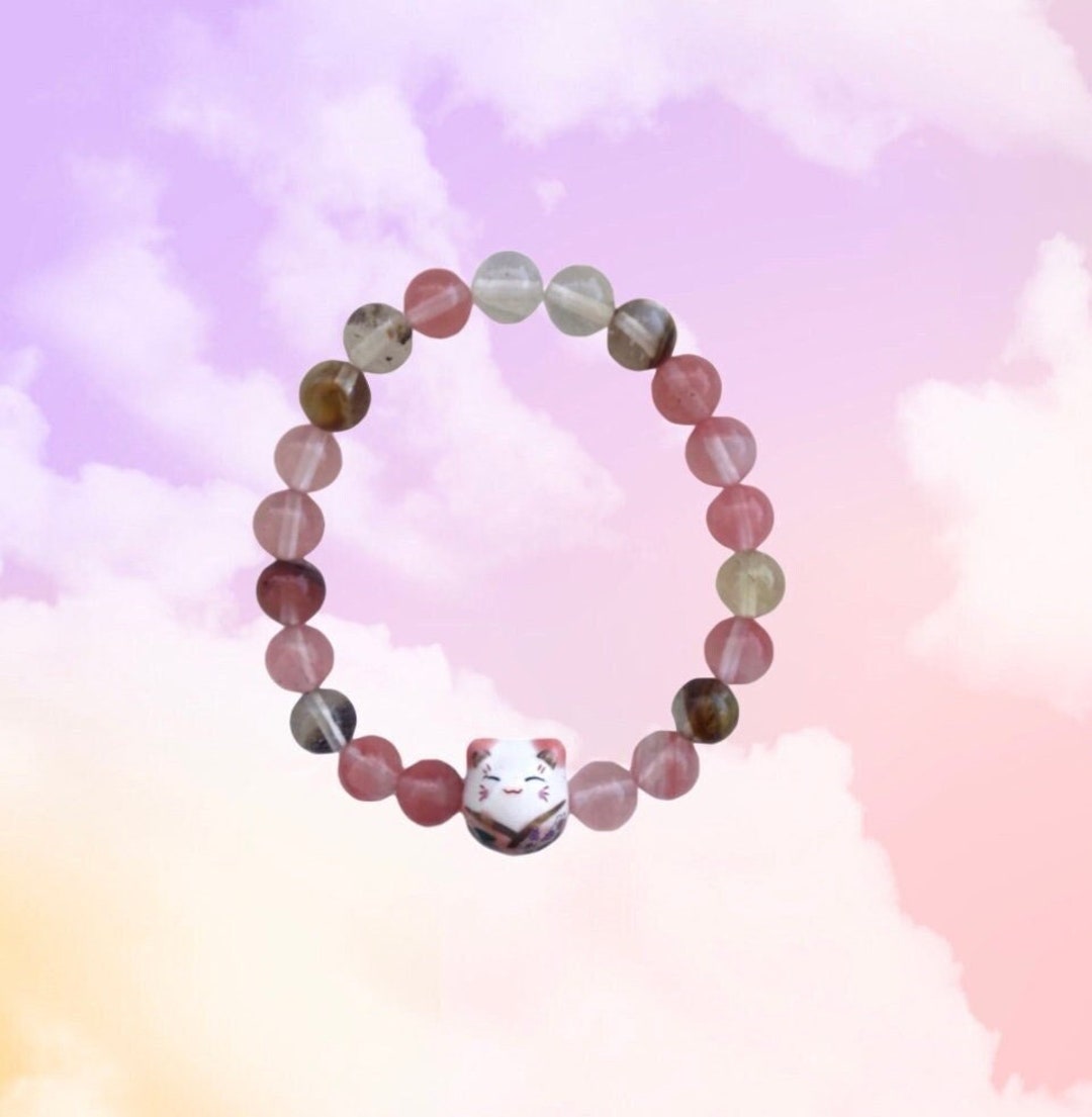 Cute Sweet Happy Pink Lucky Cat Pink Fire Cherry Quartz Beaded Gemstone ...