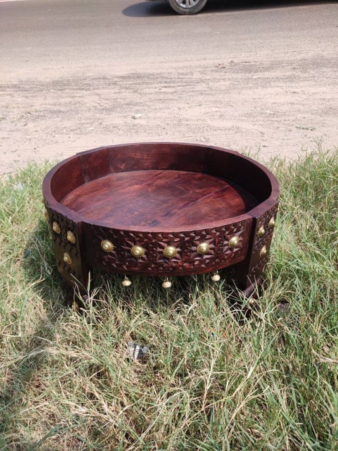Carved Indian Chakki Table, Brass Detail, Wooden Low Table - Etsy