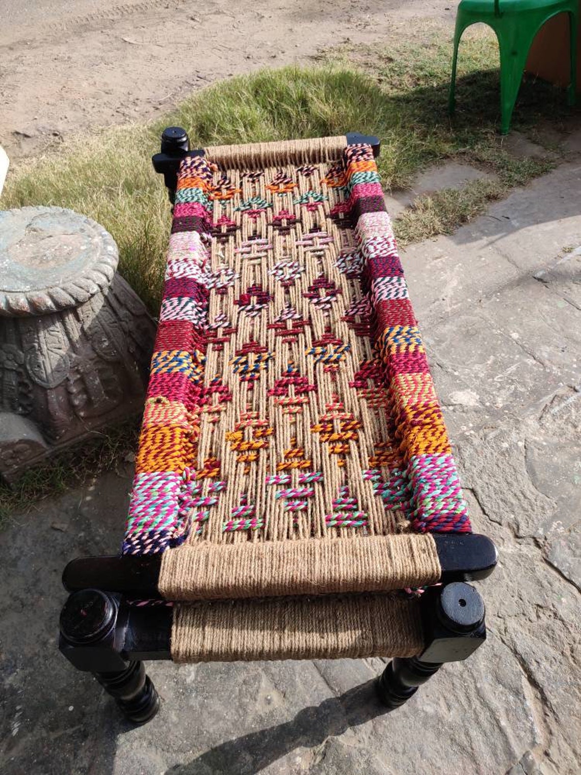 Handmade Wooden Woven Rope Charpai Bed With Back/day Bed Cotton Rope ...