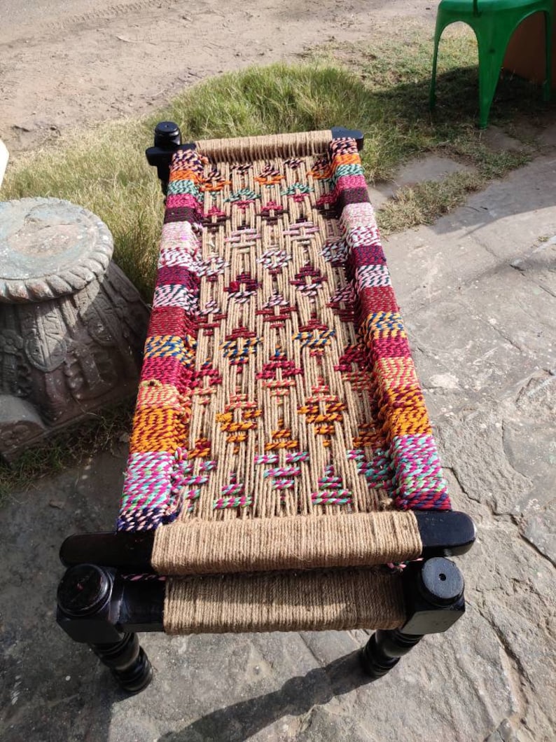 Handmade Wooden Woven Rope Charpai Bed With Back/day Bed Cotton Rope ...