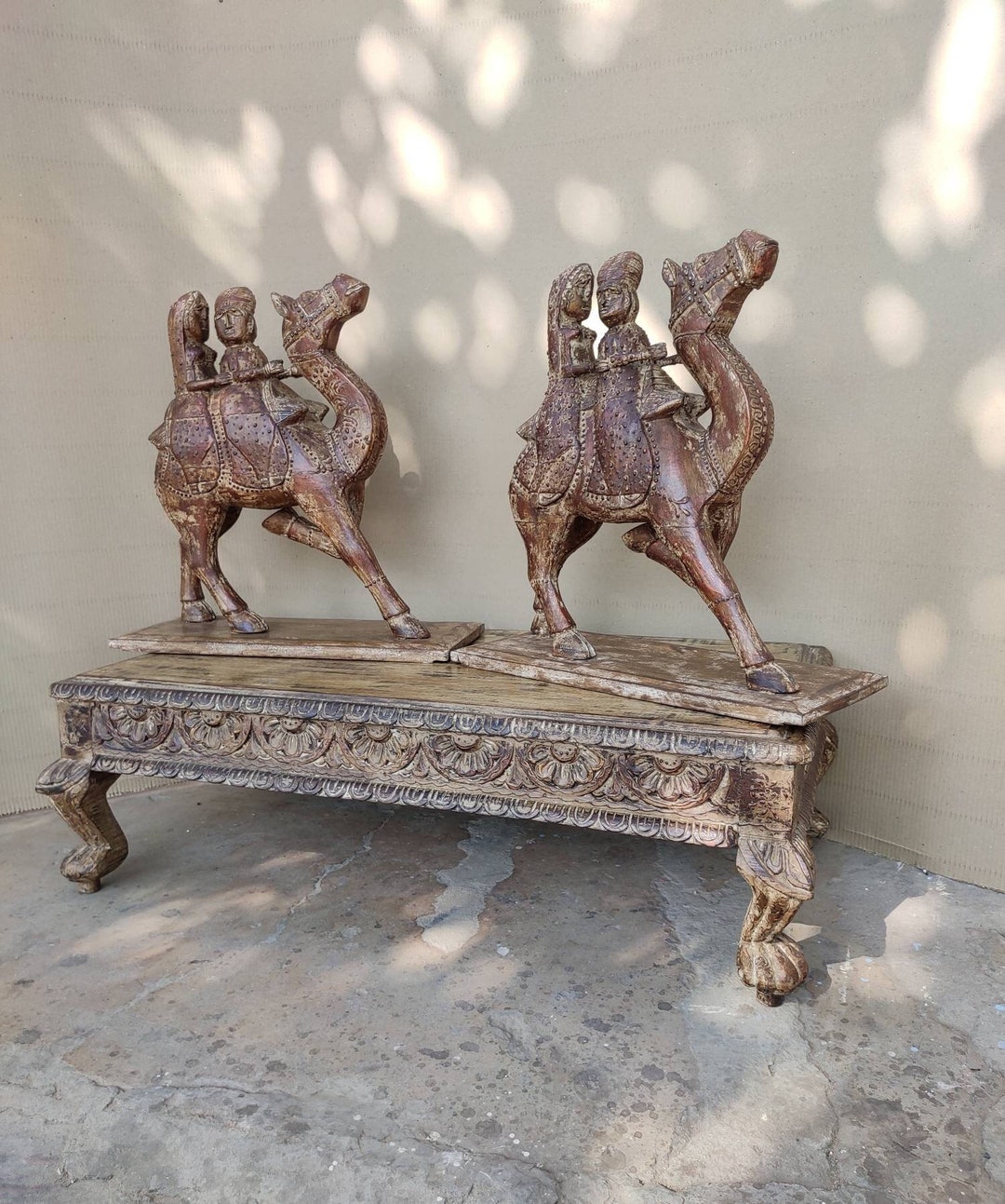 Wooden Vintage Carved Camels With Riders on Stand Set of 2 Pieces ...