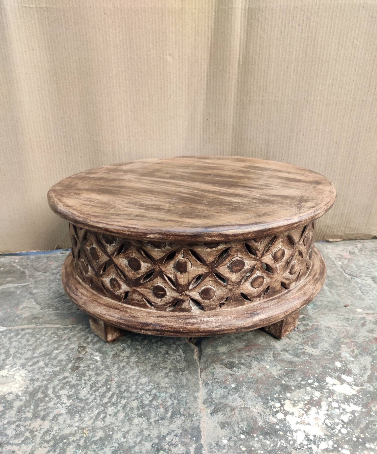 Carved Indian Round Table With Wooden Top,carved Chakki Table,coffee ...
