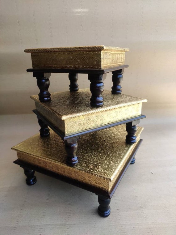 Wooden and Brass Handmade Indian Chowki/wooden Indian Bajot / - Etsy