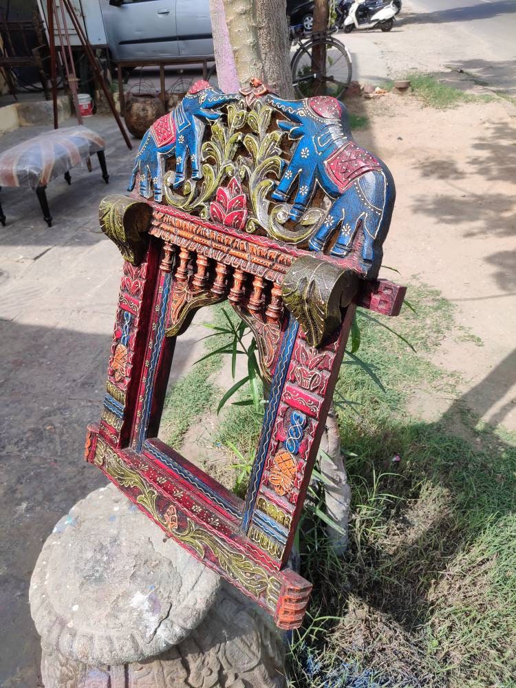 Hand Carved Painted Wooden Elephant Design Jharokha/ Mirror - Etsy