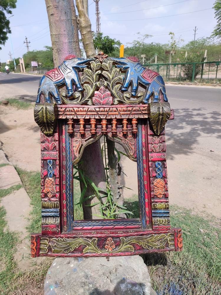 Hand Carved Painted Wooden Elephant Design Jharokha/ Mirror - Etsy