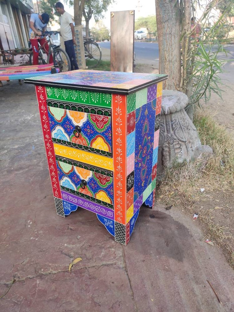 Bedside Table Wooden Handpainted Unique Design/ Drawers - Etsy