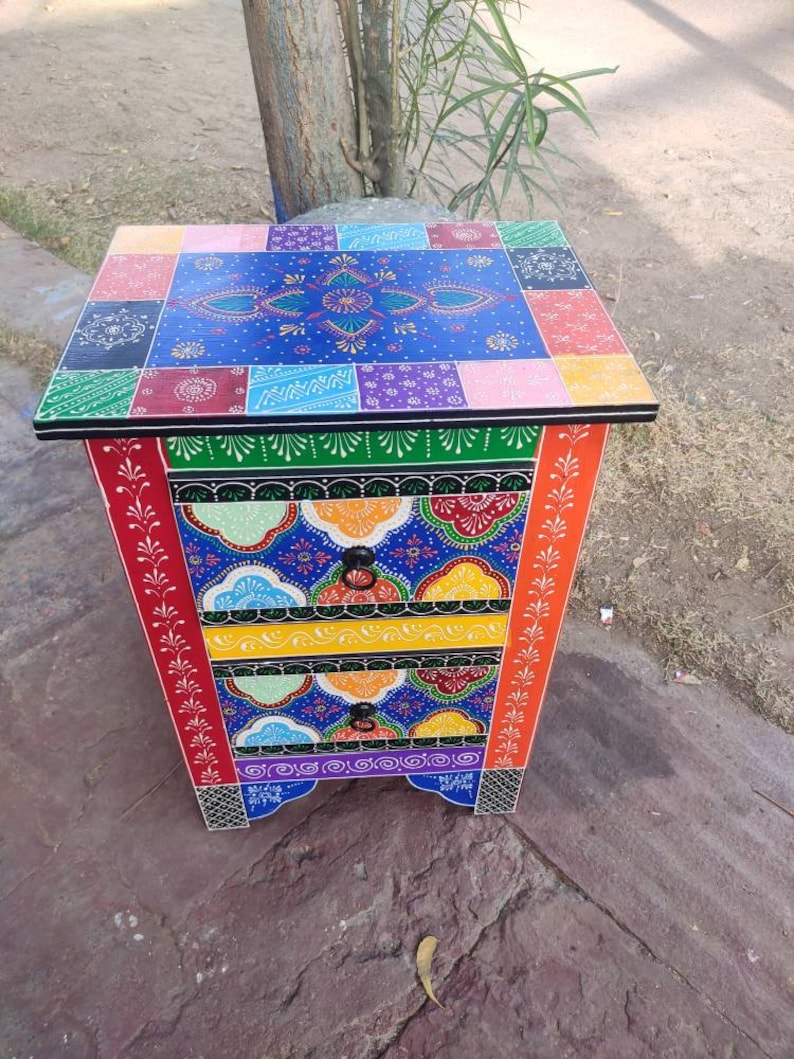 Bedside Table Wooden Handpainted Unique Design/ Drawers - Etsy