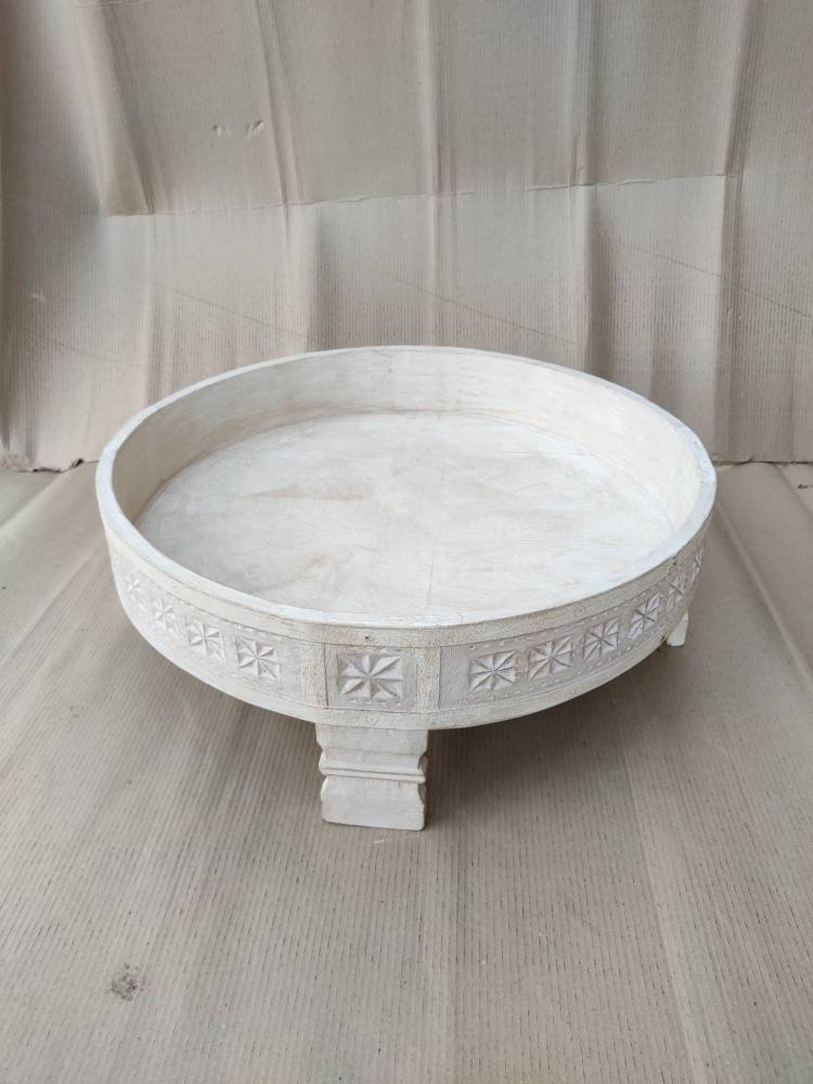 Engraved Indian Chakki Table: Distressed Wood Low Side Table - Etsy