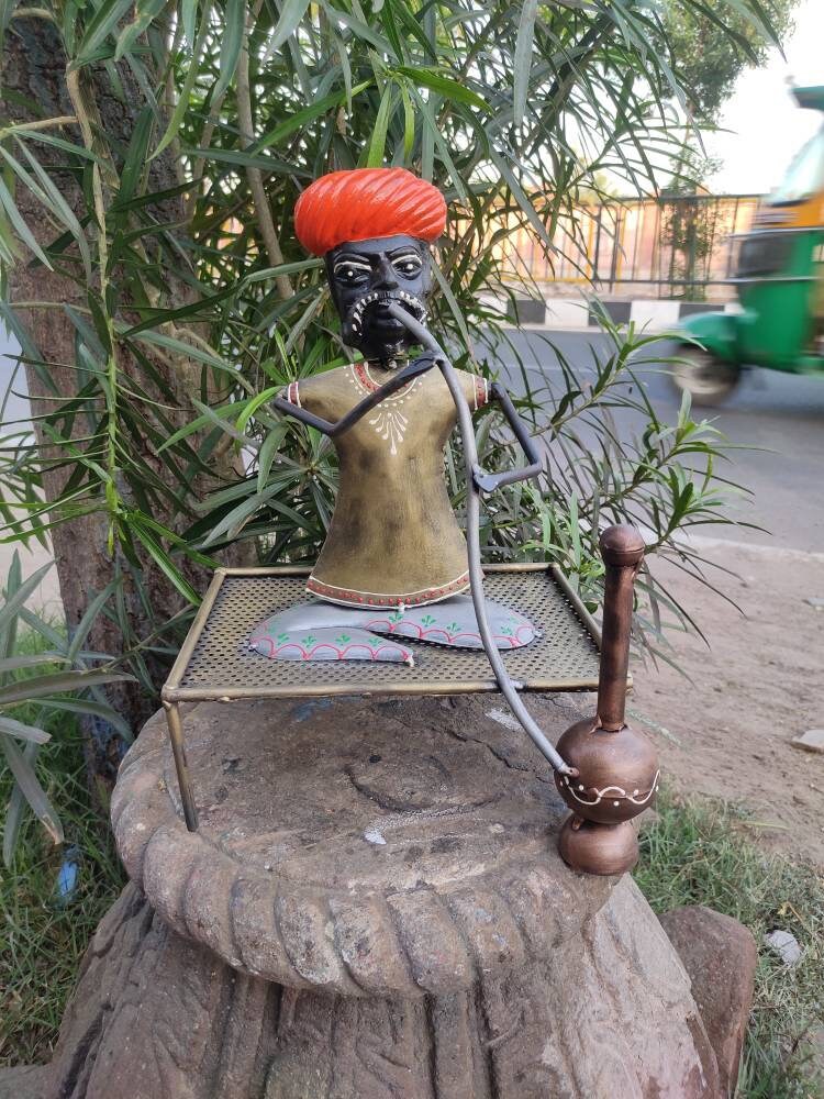 Wrought Iron Rajasthani Hookah Figure - Hand-painted Traditional Indian ...