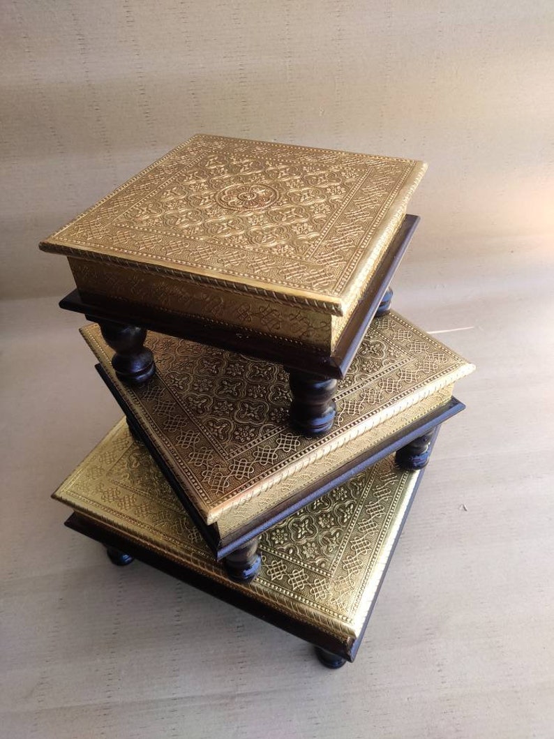 Wooden and Brass Handmade Indian Chowki/wooden Indian Bajot / - Etsy